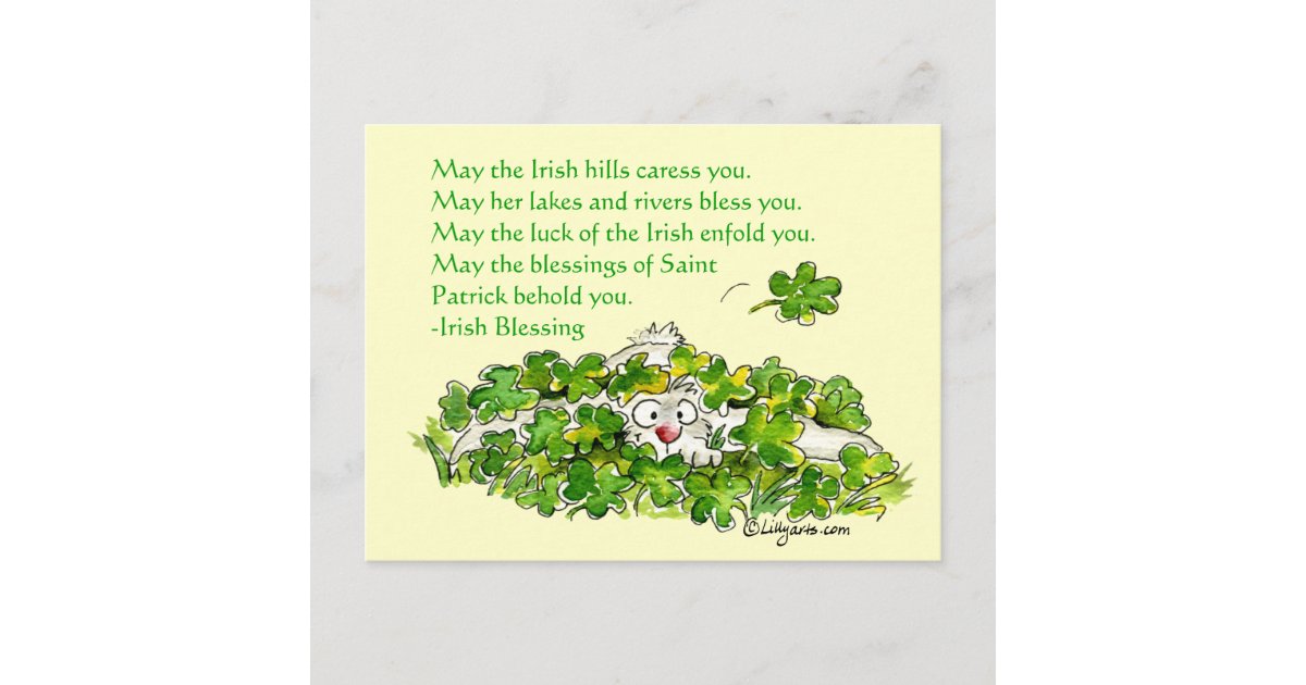 Irish Blessings Cartoon Rabbit Shamrocks Postcard | Zazzle