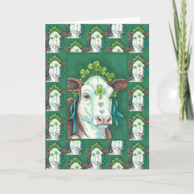 IRISH BRED ST. PATRICK'S DAY HEIFER, SHAMROCK COW CARD | Zazzle