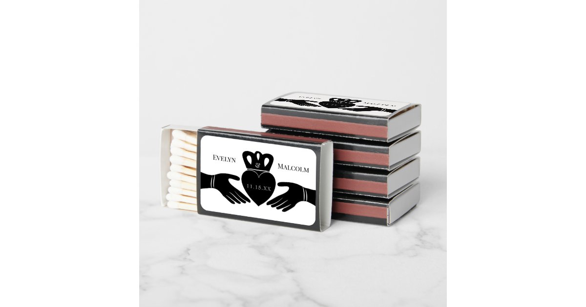 Irish Claddagh Ring Simple Black and White Wedding Matchboxes | Zazzle
