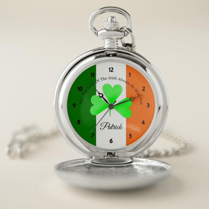 Irish Flag Lucky Shamrock Graphic Personalized Pocket Watch | Zazzle.com