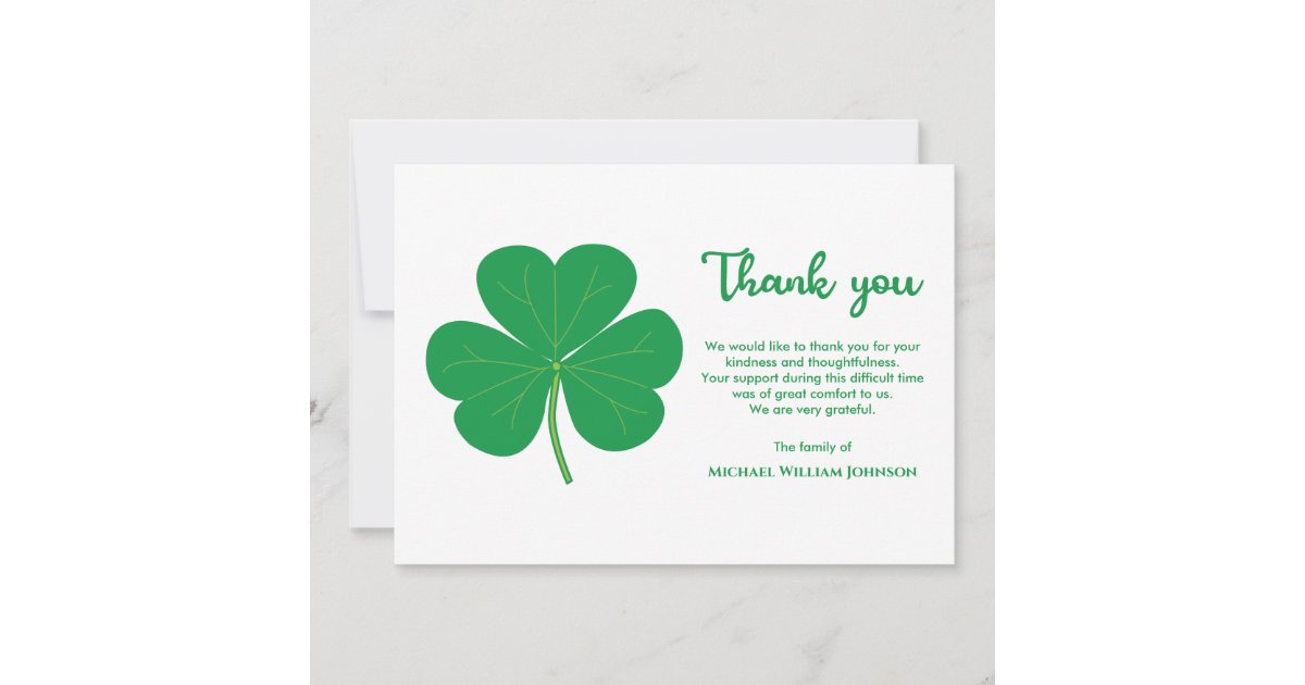 Irish Funeral White And Green Shamrock Clover Thank You Card | Zazzle