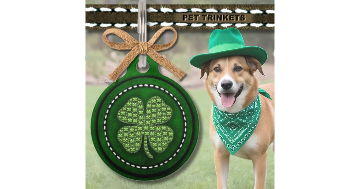 Irish Green Four Leaf Clover On Stitched Leather Pet ID Tag | Zazzle