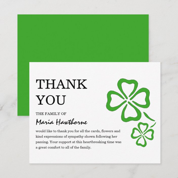 Irish Green Shamrock Clover Sympathy Thank You Card | Zazzle.com