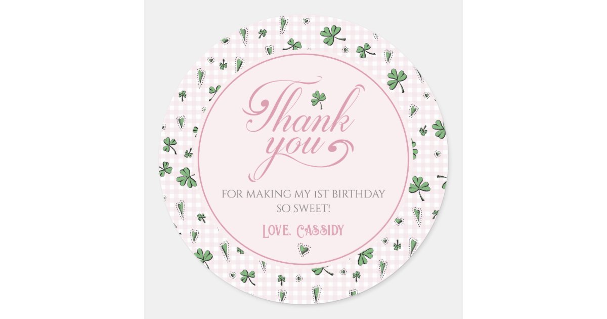 Irish Pink and Green Shamrock Thank You Classic Round Sticker | Zazzle