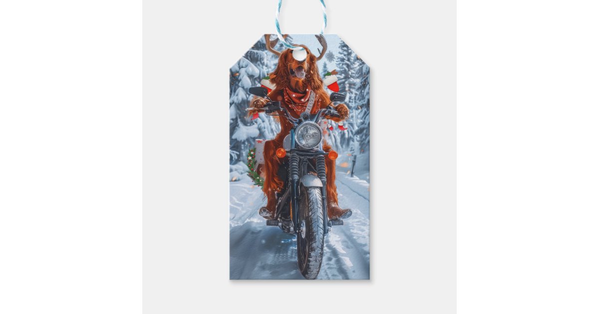 Irish Red Setter Dog Riding Motorcycle Christmas Gift Tags | Zazzle