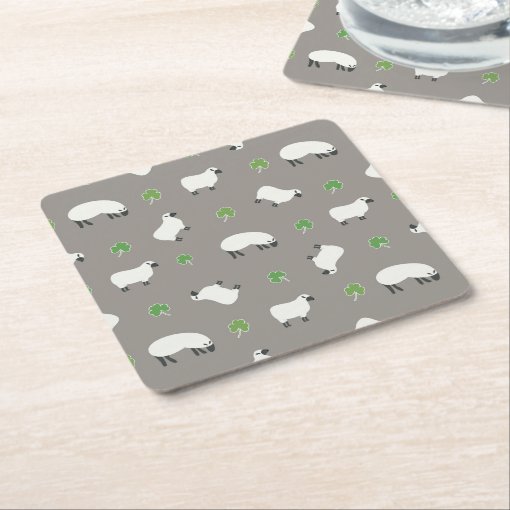 Irish Shamrock and Sheep Pattern Square Paper Coaster | Zazzle