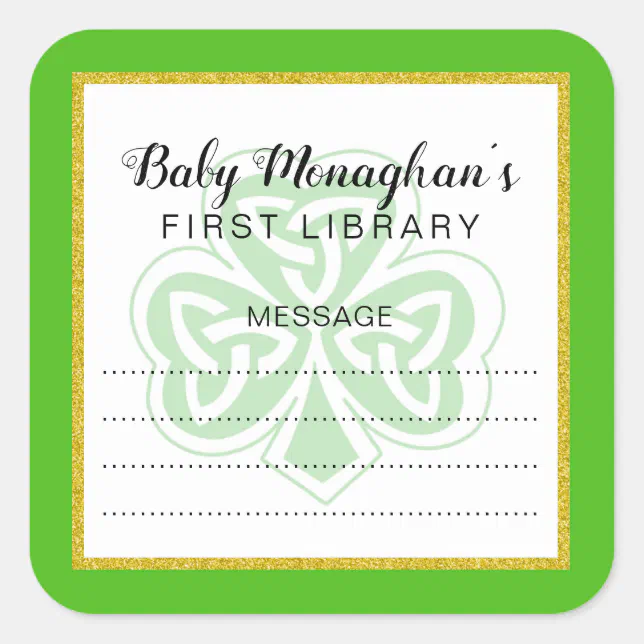 Irish shamrock baby shower bookplate + gold | Zazzle