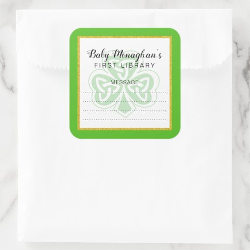 Irish shamrock baby shower bookplate + gold | Zazzle