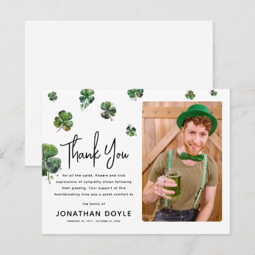 Irish Shamrock Clover Sympathy Photo Thank You Card | Zazzle