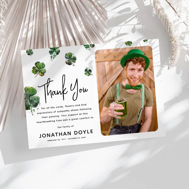 Irish Shamrock Clover Sympathy Photo Thank You Card | Zazzle