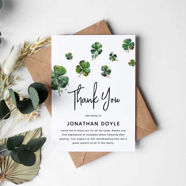 Irish Shamrock Clover Sympathy Thank You Card | Zazzle