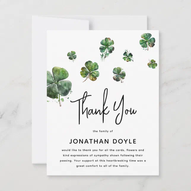 Irish Shamrock Clover Sympathy Thank You Card | Zazzle