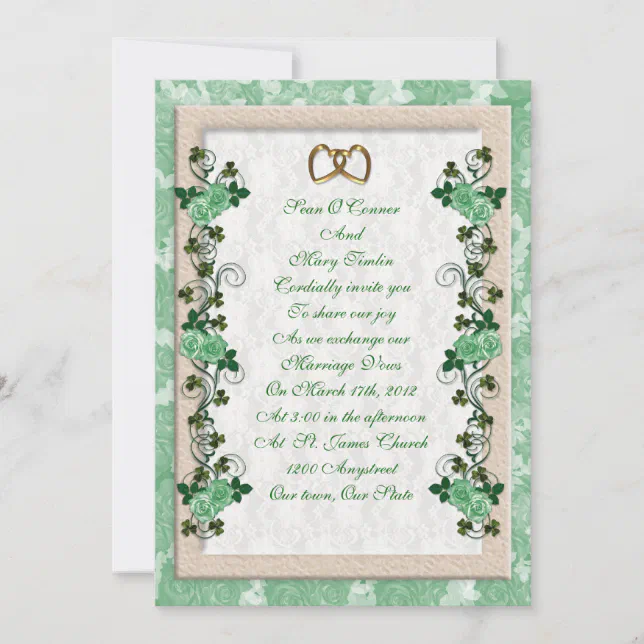 Irish Wedding invitation shamrocks and roses | Zazzle
