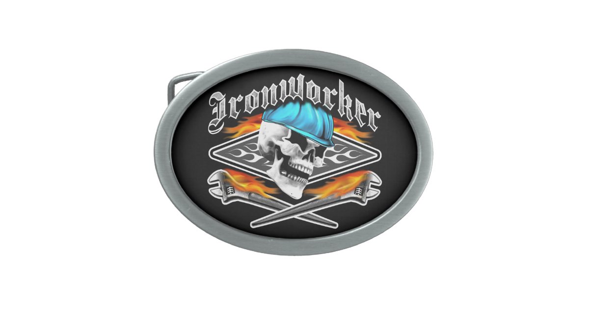 Ironworker Skull and Flaming Wrenches Oval Belt Buckle | Zazzle