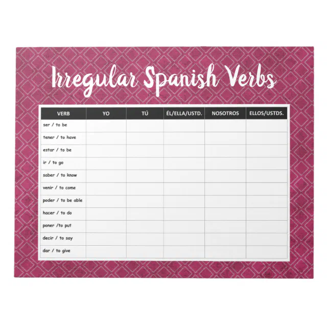 Irregular Verb Conjugation Practice (Spanish) Notepad | Zazzle