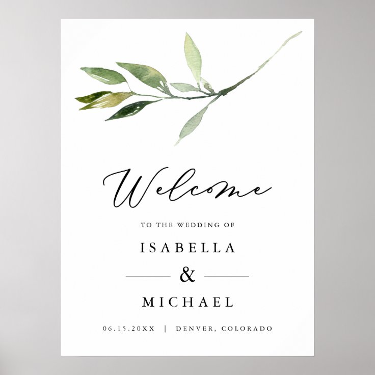 ISABELLA Elegant Minimal Greenery Wedding Welcome Poster | Zazzle