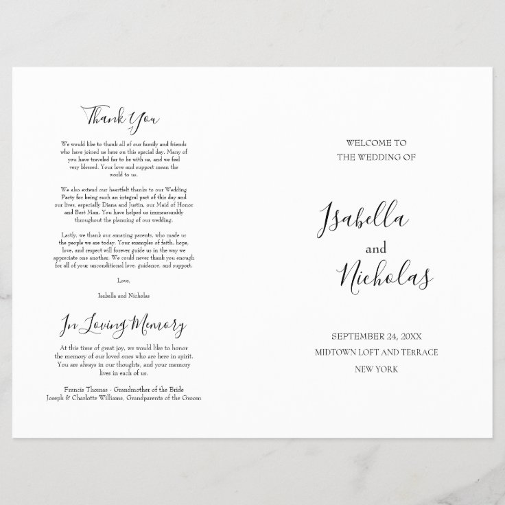 Isabella Elegant Script Folded Wedding Program | Zazzle