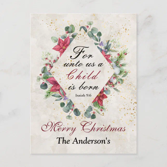 Isaiah 9:6 For unto us a child is born, Christmas Postcard | Zazzle