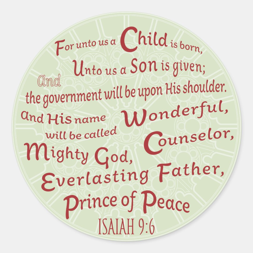 Isaiah 9:6 in Christmas Colors Classic Round Sticker | Zazzle