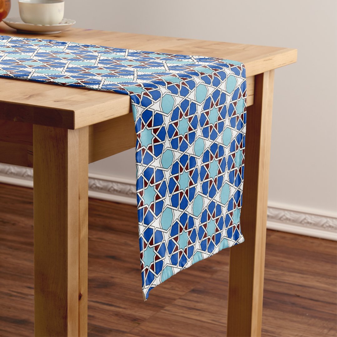 Islamic Blue White Moroccan Geometric Pattern Short Table Runner | Zazzle