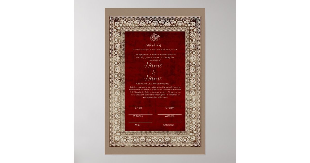 Islamic Elegant Red and gold Nikkah certificate Poster | Zazzle
