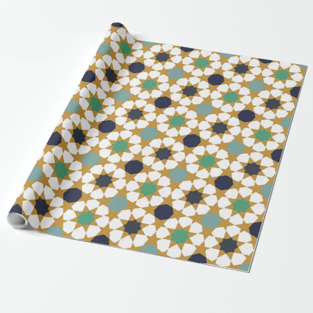 Islamic Geometric Blue Gold Motif Pattern Wrapping Paper | Zazzle