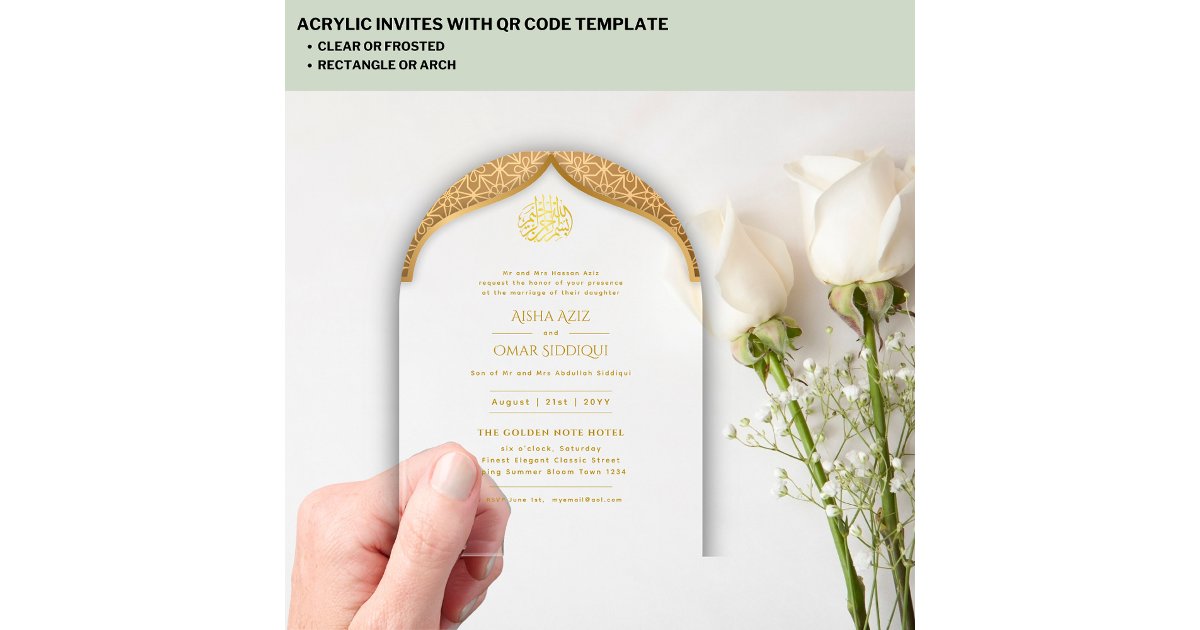 Islamic Gold Nikah Walima Muslim Arch Elegant Acrylic Invitations | Zazzle