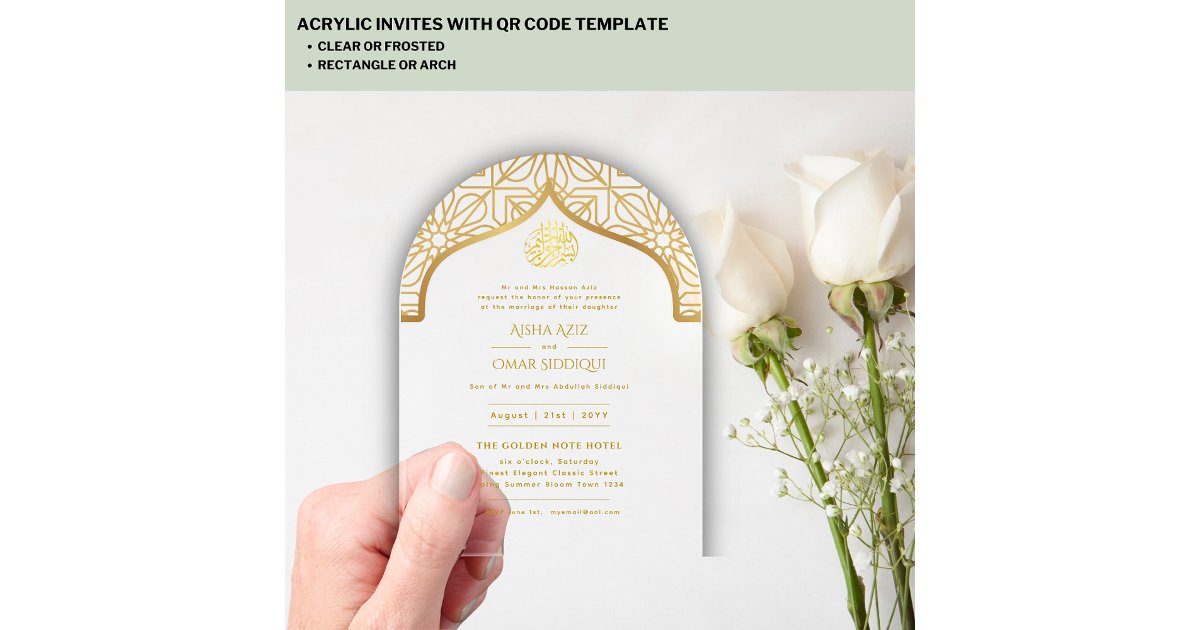 Islamic Gold Nikah Walima Muslim Mosque Elegant Acrylic Invitations ...