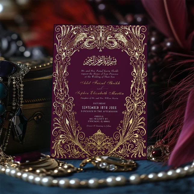 Islamic Purple Plum Wedding Ottoman Turkish Foil Invitation | Zazzle