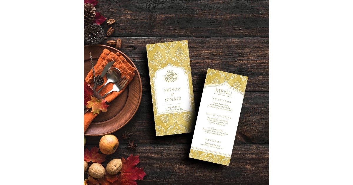 Islamic Royal Golden Damask Muslim Wedding Menu | Zazzle