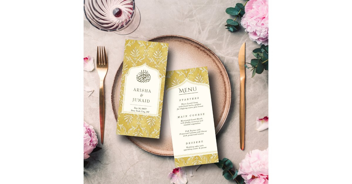 Islamic Royal Golden Damask Muslim Wedding Menu | Zazzle