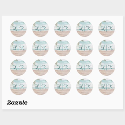 Island Breeze Painted Beach Scene Monogram Wedding Classic Round ...