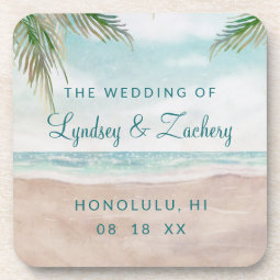 Island Breeze Painted Beach Scene Wedding Monogram Beverage Coaster ...