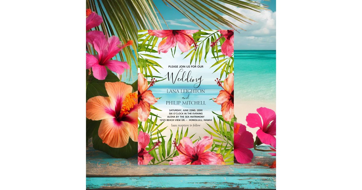 Island Paradise Tropical Palm & Hibiscus Wedding Invitation | Zazzle