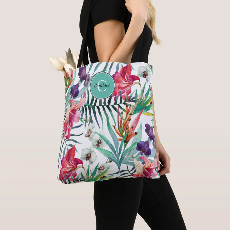 Island Style Tropical Floral Pattern and Monogram Tote Bag | Zazzle