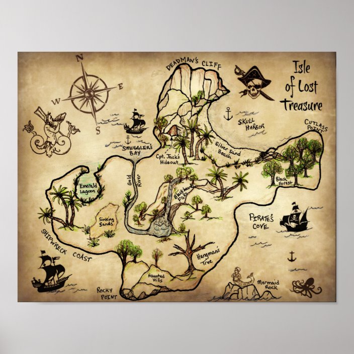 Isle of Lost Treasure Map with Jolly Roger Poster | Zazzle.com