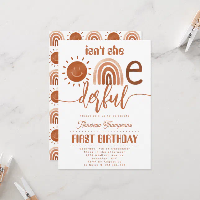 Isn't she Onederful Boho Rainbow Sunshine Birthday Invitation | Zazzle