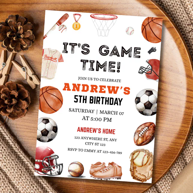 It’s Game Time Birthday Basketball Football Sports Invitation | Zazzle