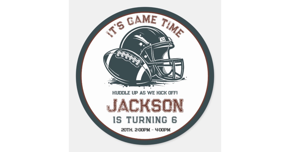 It’s game time! Kick off football birthday kids Classic Round Sticker ...