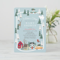 It Takes A Village Holiday Town Blue Baby Shower Invitation | Zazzle