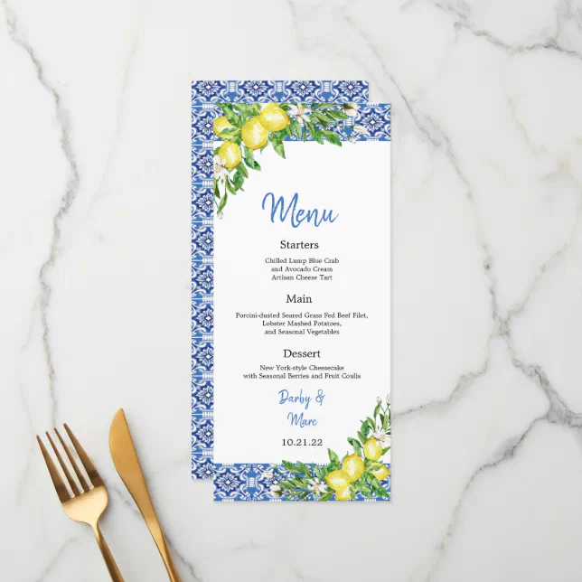 Italian Blue tile Lemon Wedding Reception menu | Zazzle
