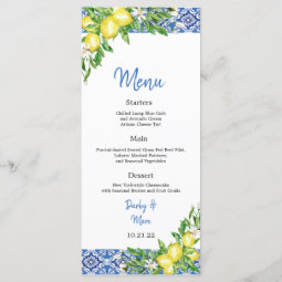 Italian Blue tile Lemon Wedding Reception menu | Zazzle