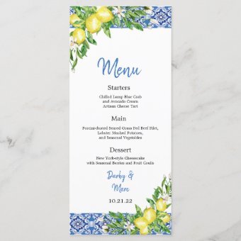 Italian Blue tile Lemon Wedding Reception menu | Zazzle