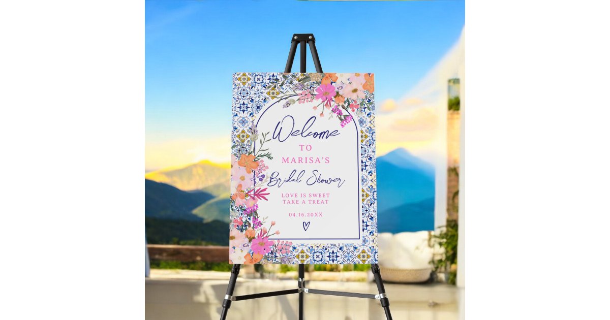 Italian blue tile watercolor floral bridal welcome foam board | Zazzle