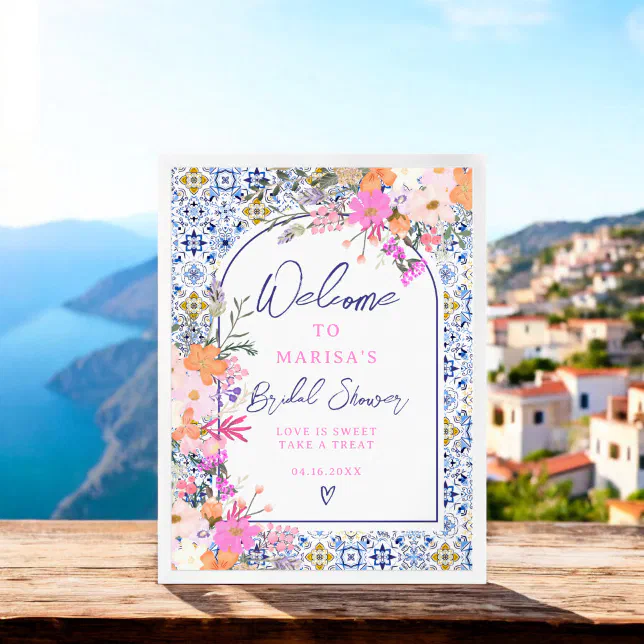 Italian blue tile watercolor floral bridal welcome poster | Zazzle