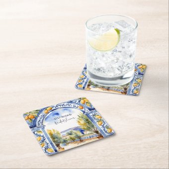 Italian Blue tiles arch lemons bridal shower Square Paper Coaster | Zazzle