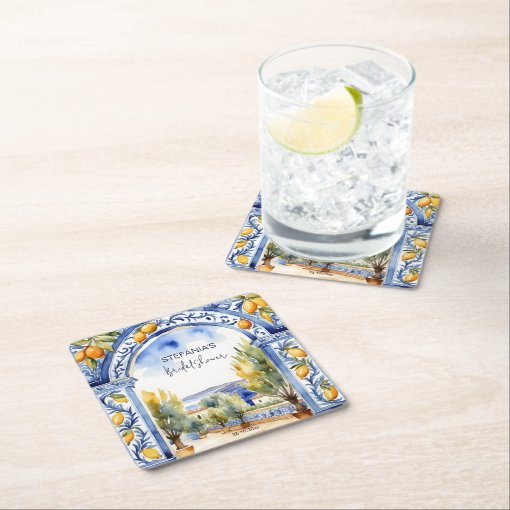 Italian Blue tiles arch lemons bridal shower Square Paper Coaster | Zazzle