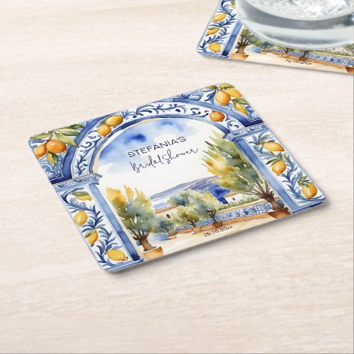 Italian Blue tiles arch lemons bridal shower Square Paper Coaster | Zazzle