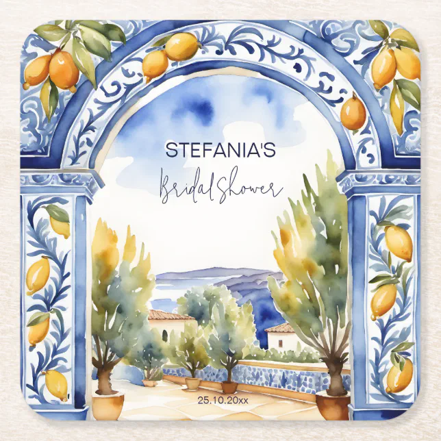 Italian Blue tiles arch lemons bridal shower Square Paper Coaster | Zazzle