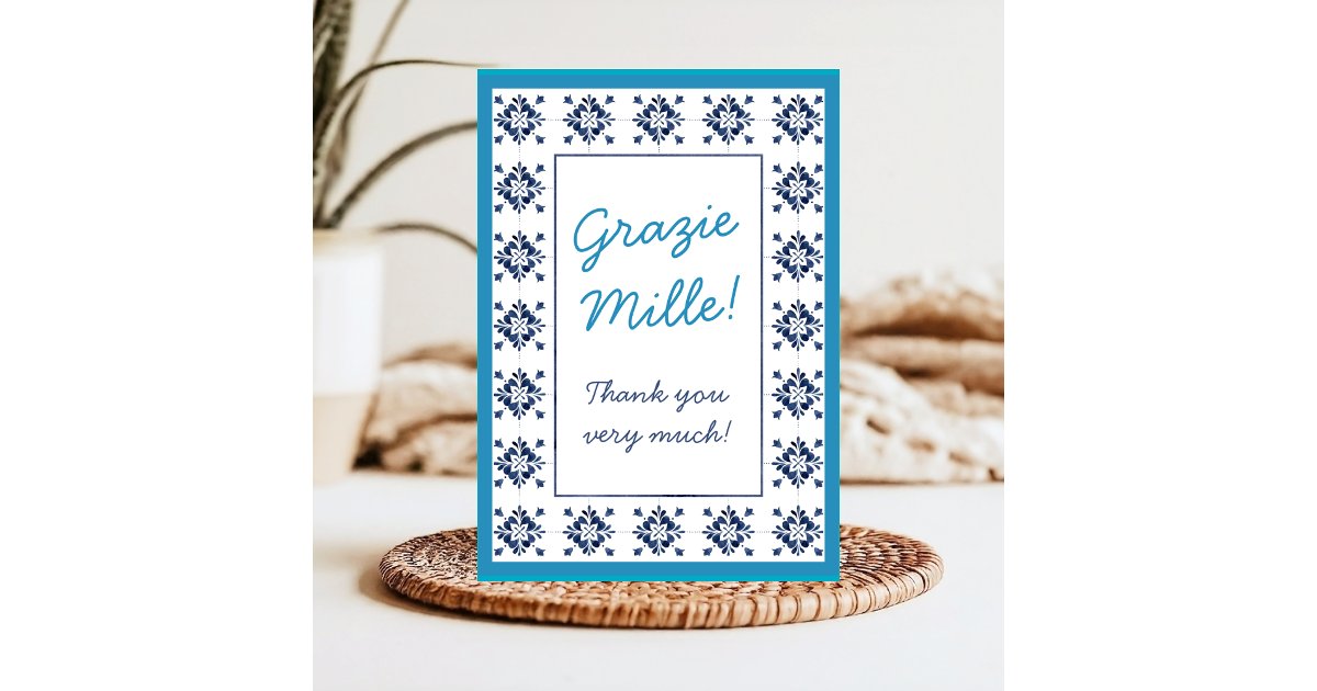Italian Blue Tiles Grazie Mille Script Thank You Card | Zazzle